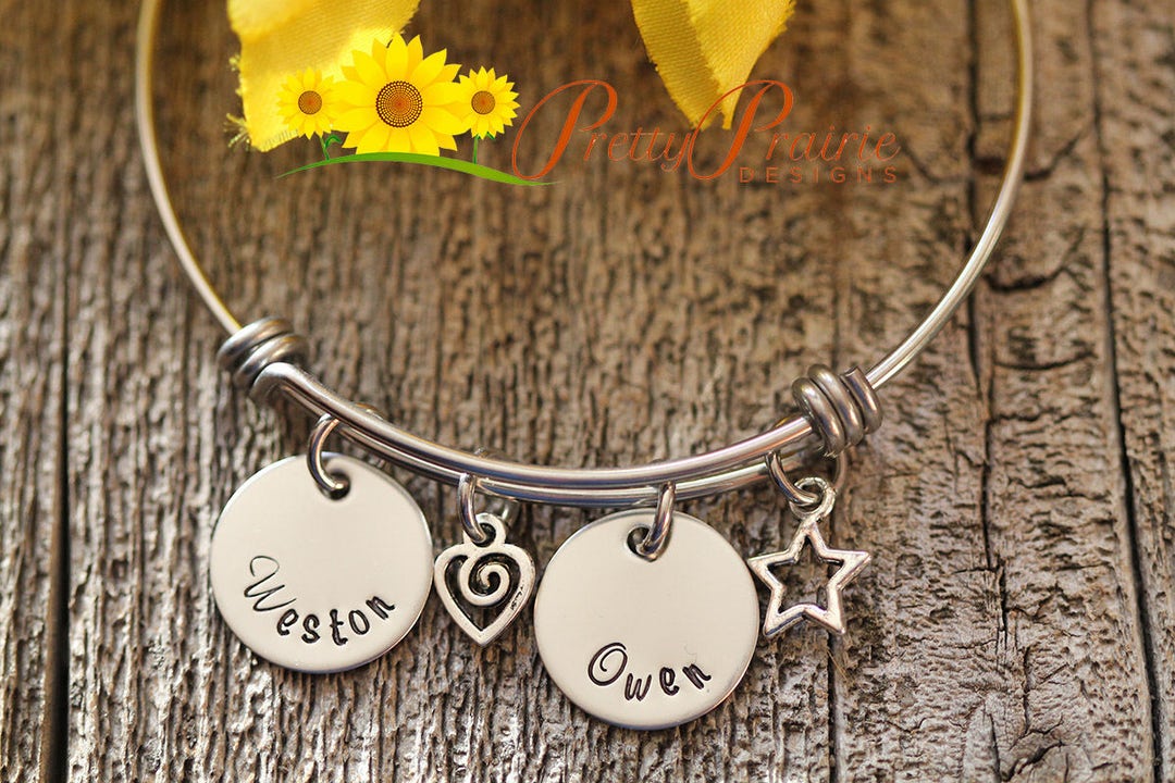 Heart and Star Charm Bracelet, Hand Stamped Bracelet, Personalized ...