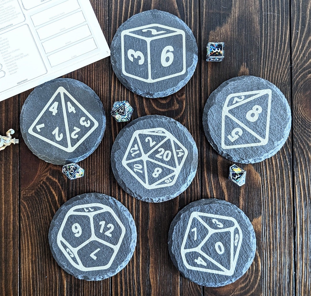 Dungeons and Dragons Dice Slate Coasters - Set of (6) - 4" Round ...