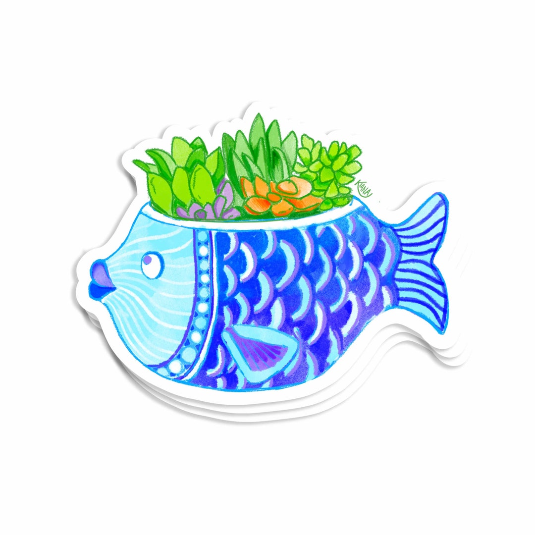 Blue Fish Planter Sticker Decal, Plants , Love , Green Thumb , Ocean ...