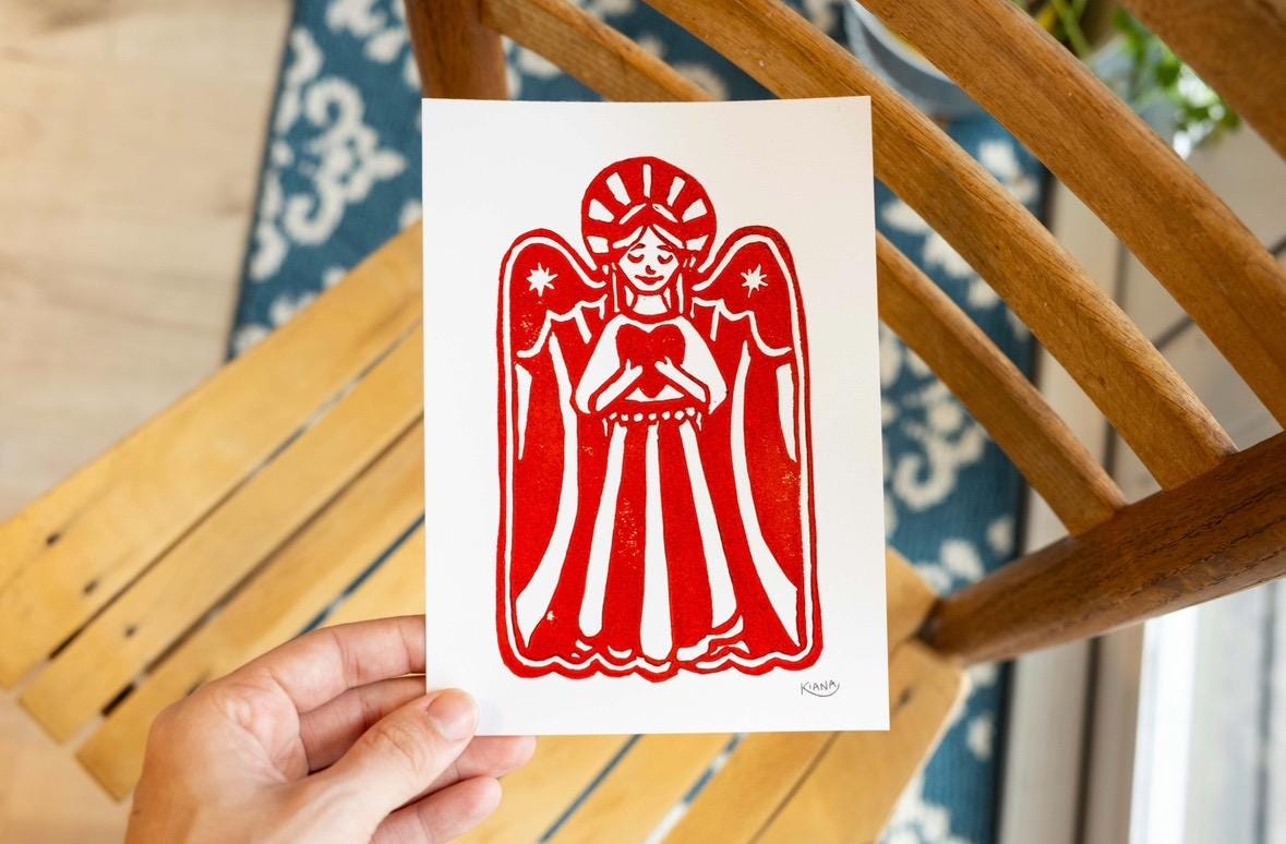 Angel Block Print | ORIGINAL | Folk Art | Red | 5x7 Inch | Archival ...