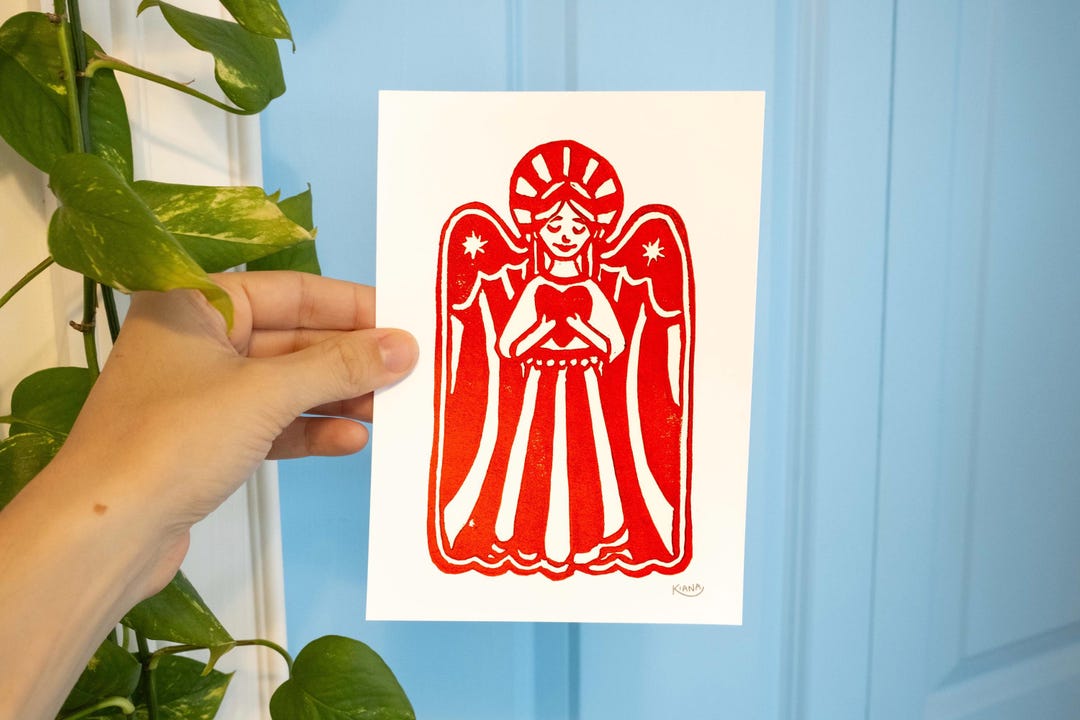 Angel Block Print | ORIGINAL | Folk Art | Red | 5x7 Inch | Archival ...