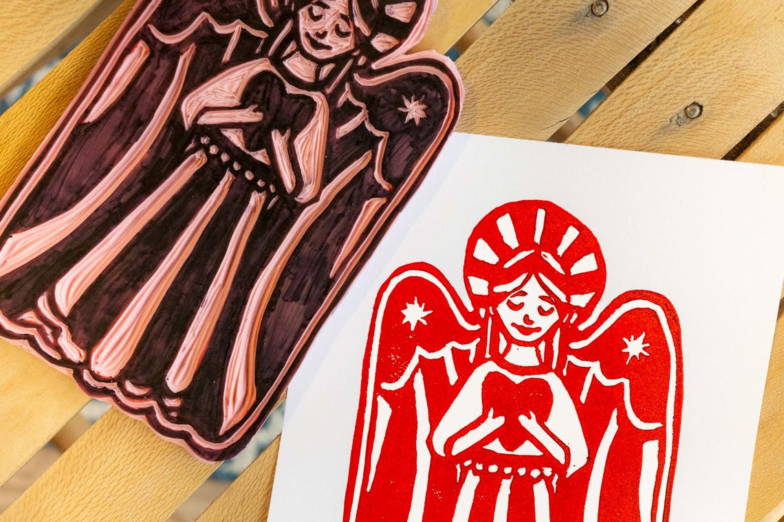 Angel Block Print | ORIGINAL | Folk Art | Red | 5x7 Inch | Archival ...