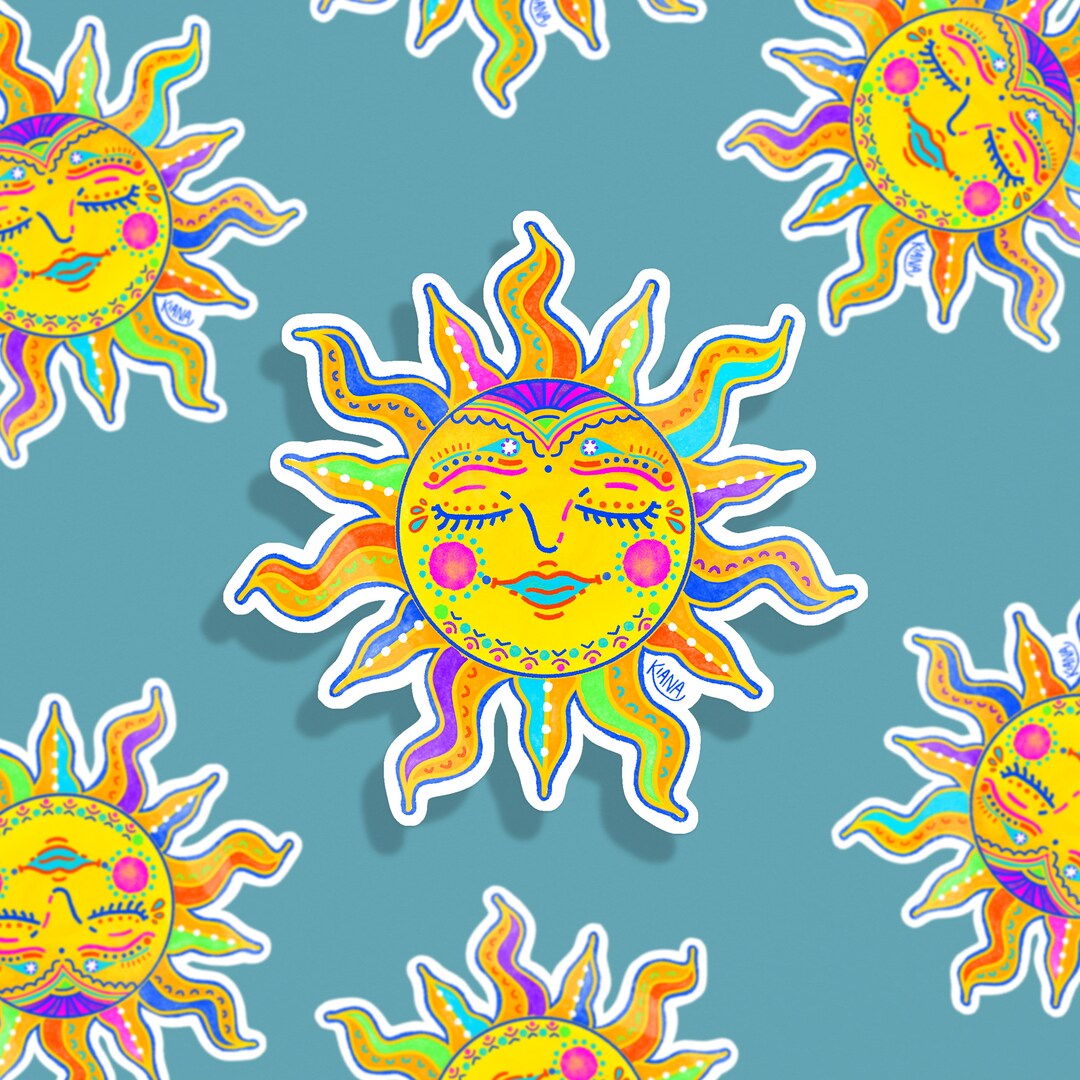 Colorful Sun Sticker Vinyl Vibrant Sun Earth Hippie Retro Bright Water ...