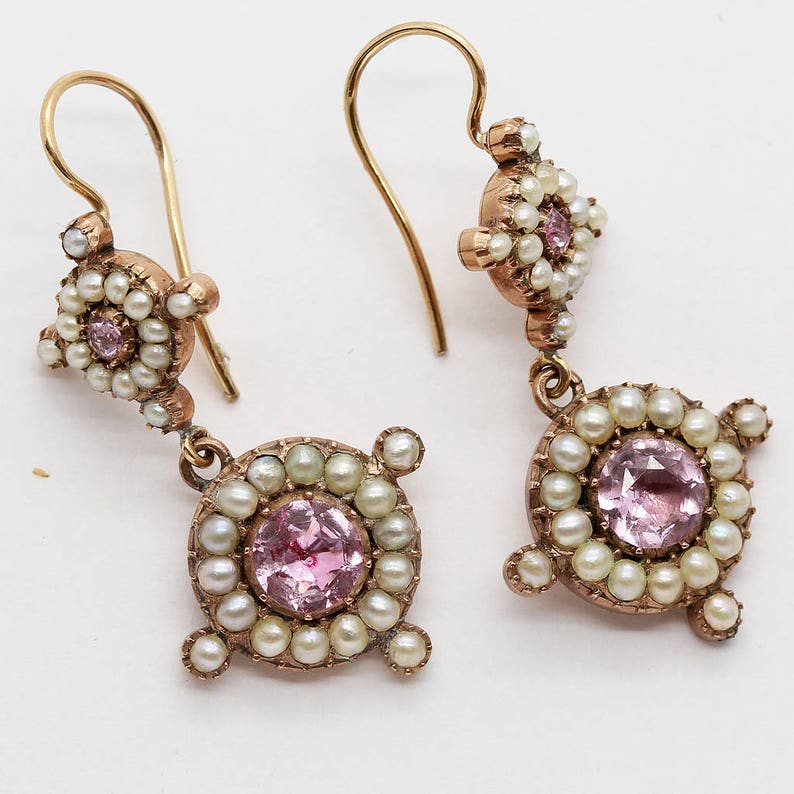 Antique Georgian Earrings 15K Gold Pink Topaz Natural Pearl | Etsy Antique Georgian Earrings 15K Gold Pink Topaz Natural Pearl | Etsy