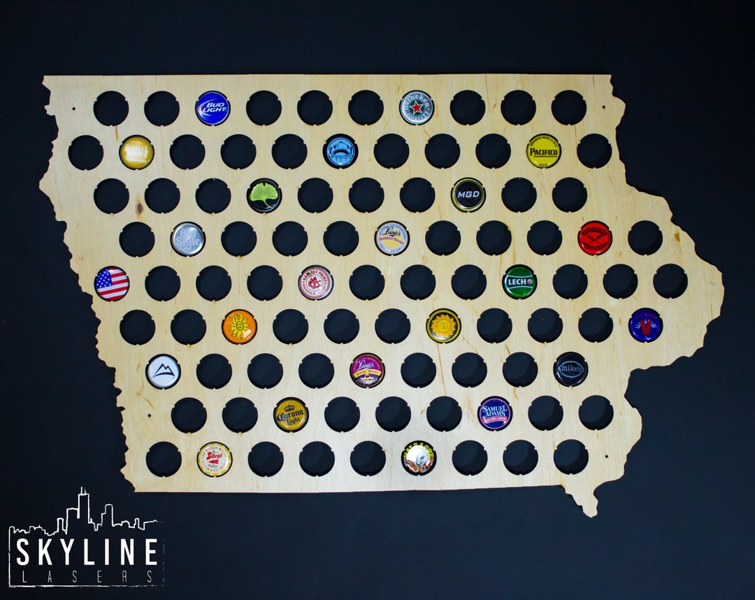 Iowa Beer Cap Map IA - Maple Wood - Semi-gloss Finish - Wood Beer Cap ...