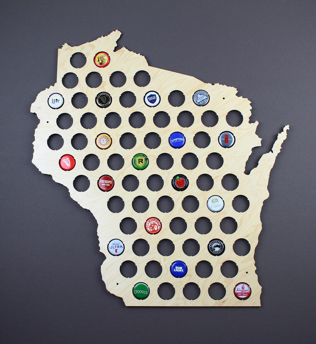 Wisconsin Beer Cap Map WI - Maple Wood - Semi-gloss Finish - Wood Beer ...