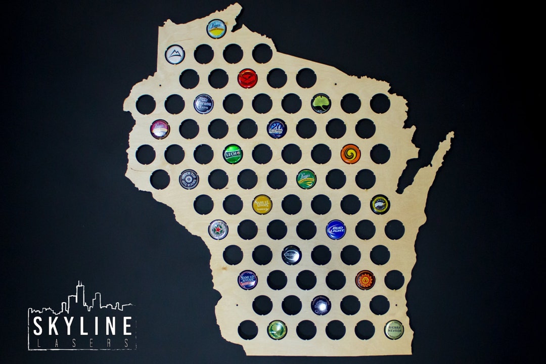Wisconsin Beer Cap Map WI Maple Wood Semi-gloss Finish Wood Beer Cap ...