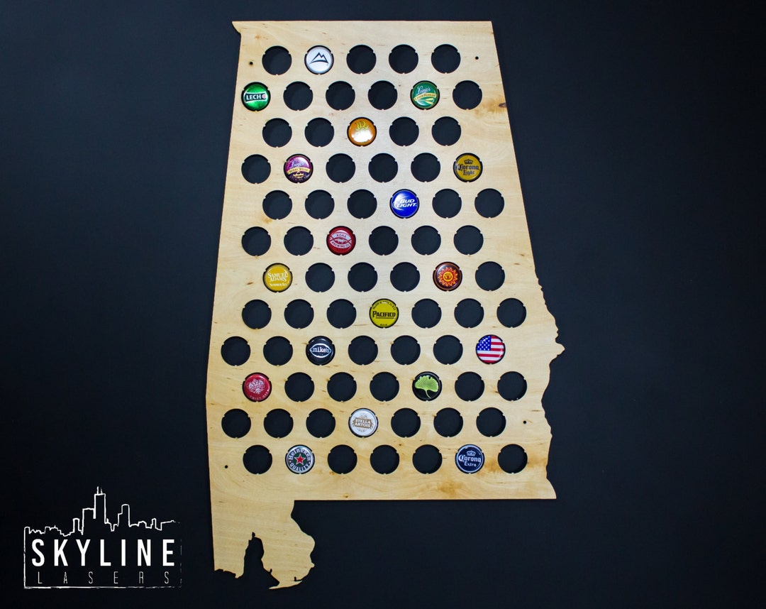 Alabama Beer Cap Map AL - Maple Wood - Semi-gloss Finish - Wood Beer ...