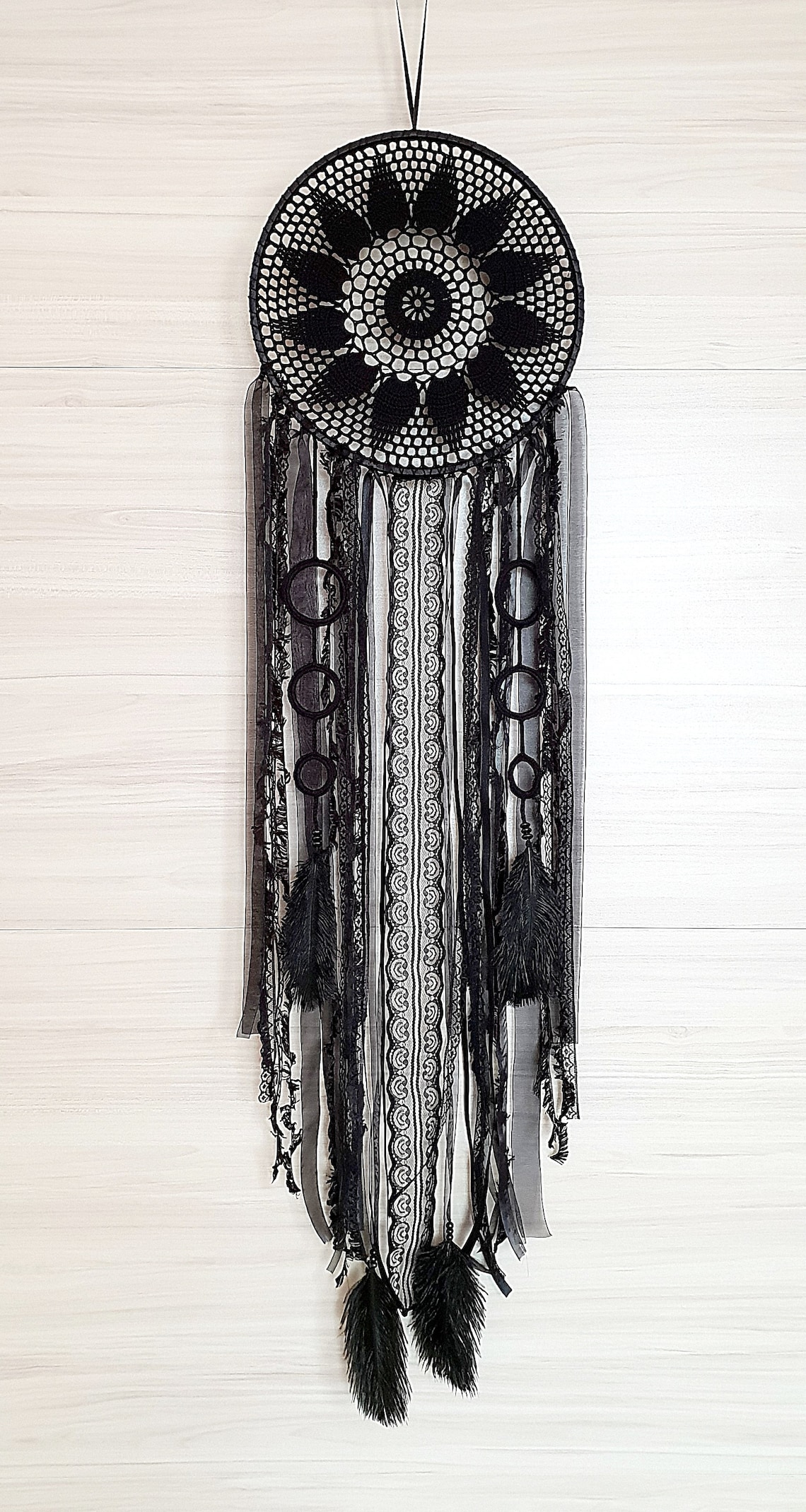 Extra Large Pure Black Dream Catcher 14 Black Crochet Boho | Etsy