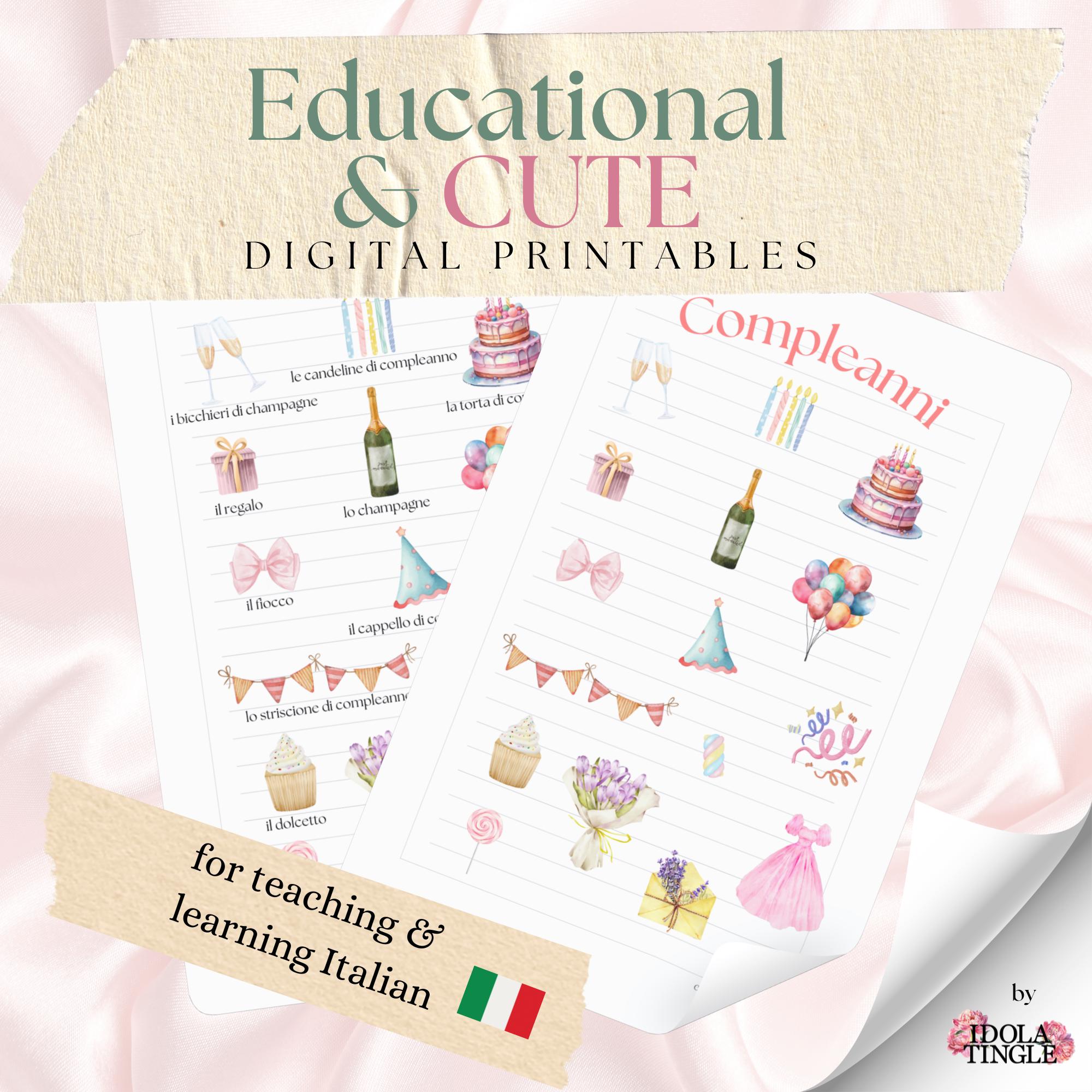 Italian Language Learning Word Educational Sheet Party Teaching ...