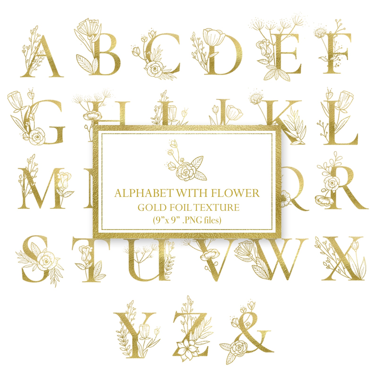 Alphabet With Flowers in Gold Foil Texture, Alphabet Clipart, Alphabet ...