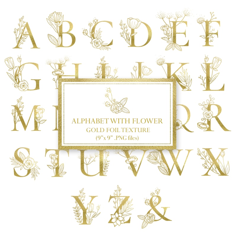 Alphabet With Flowers in Gold Foil Texture, Alphabet Clipart, Alphabet ...