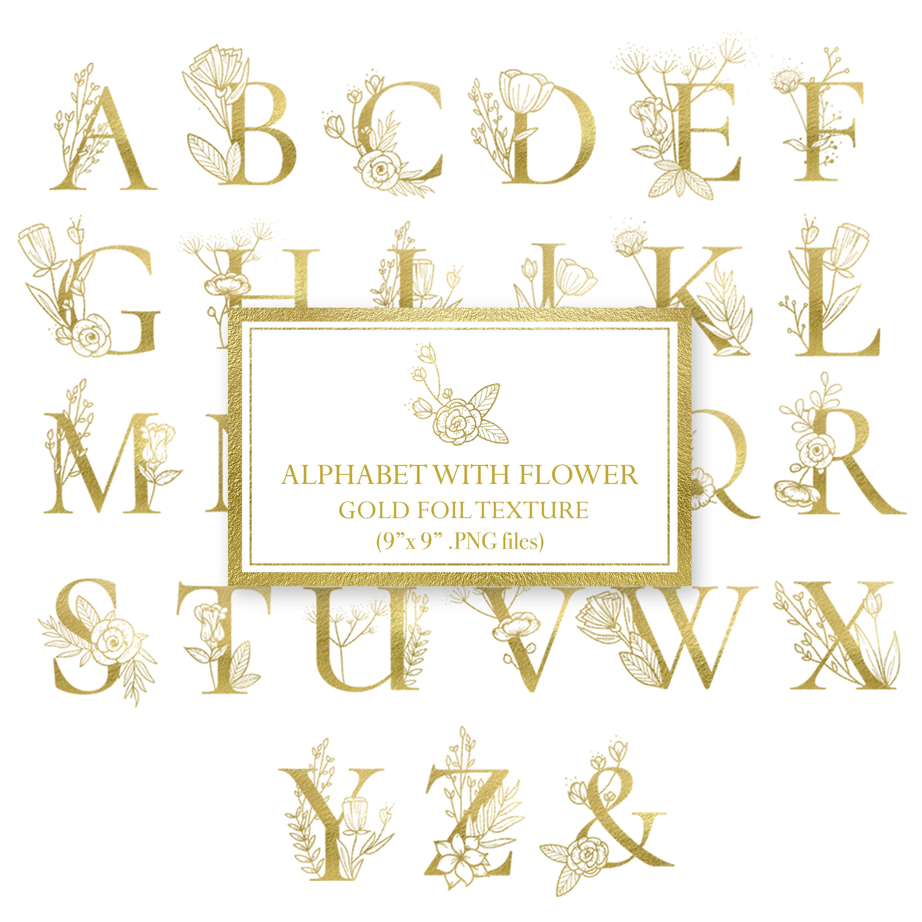 Alphabet With Flowers in Gold Foil Texture, Alphabet Clipart, Alphabet ...