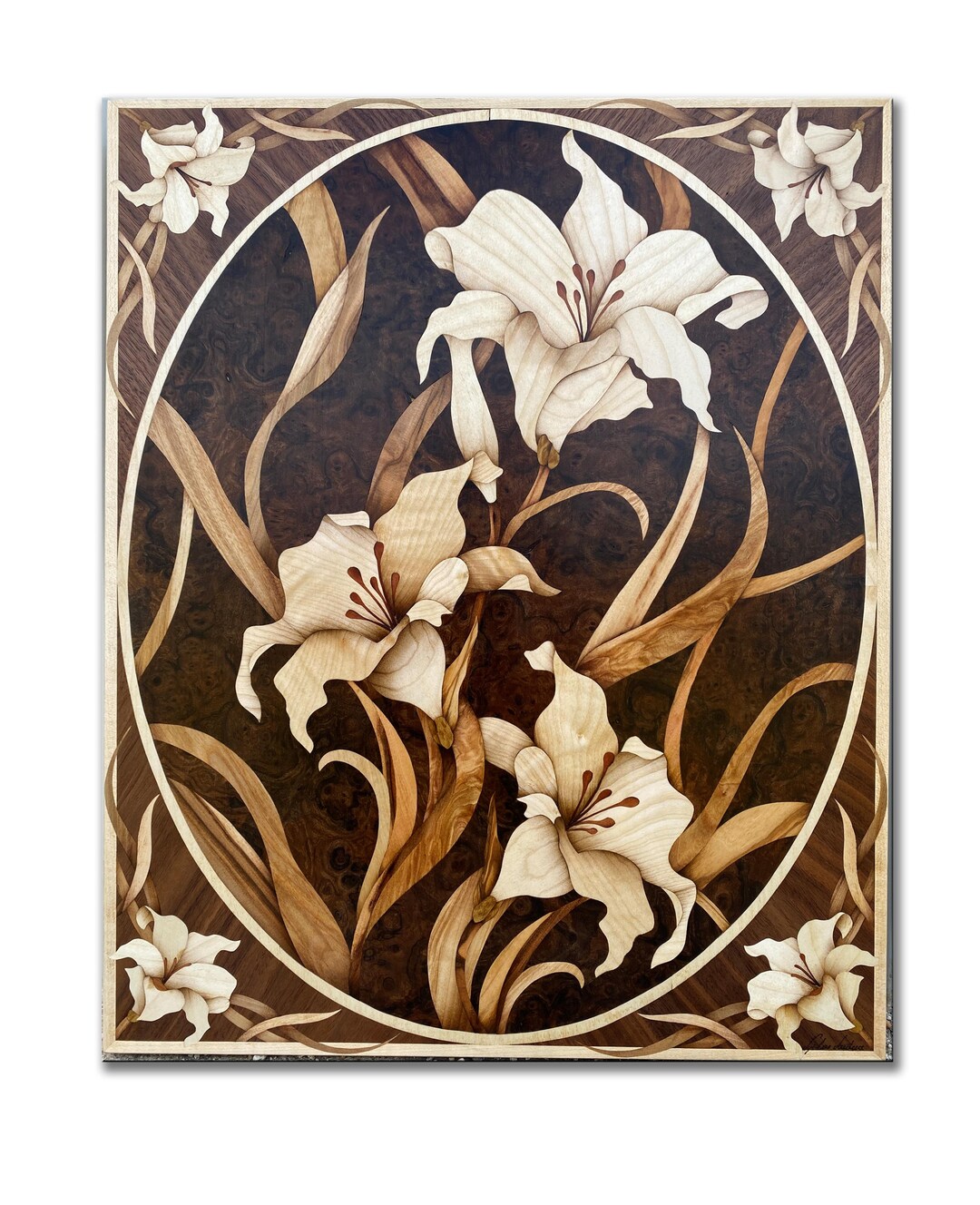 Vintage Art Nouveau Marquetry Wall Hanging: Lily Flowers Inlay, Walnut ...
