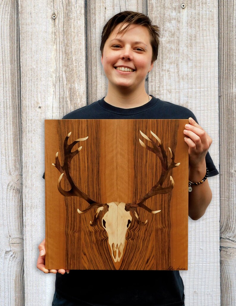 Handmade Deer Skull Marquetry: Wood Inlay Painting, Rustic Wall Art - Etsy