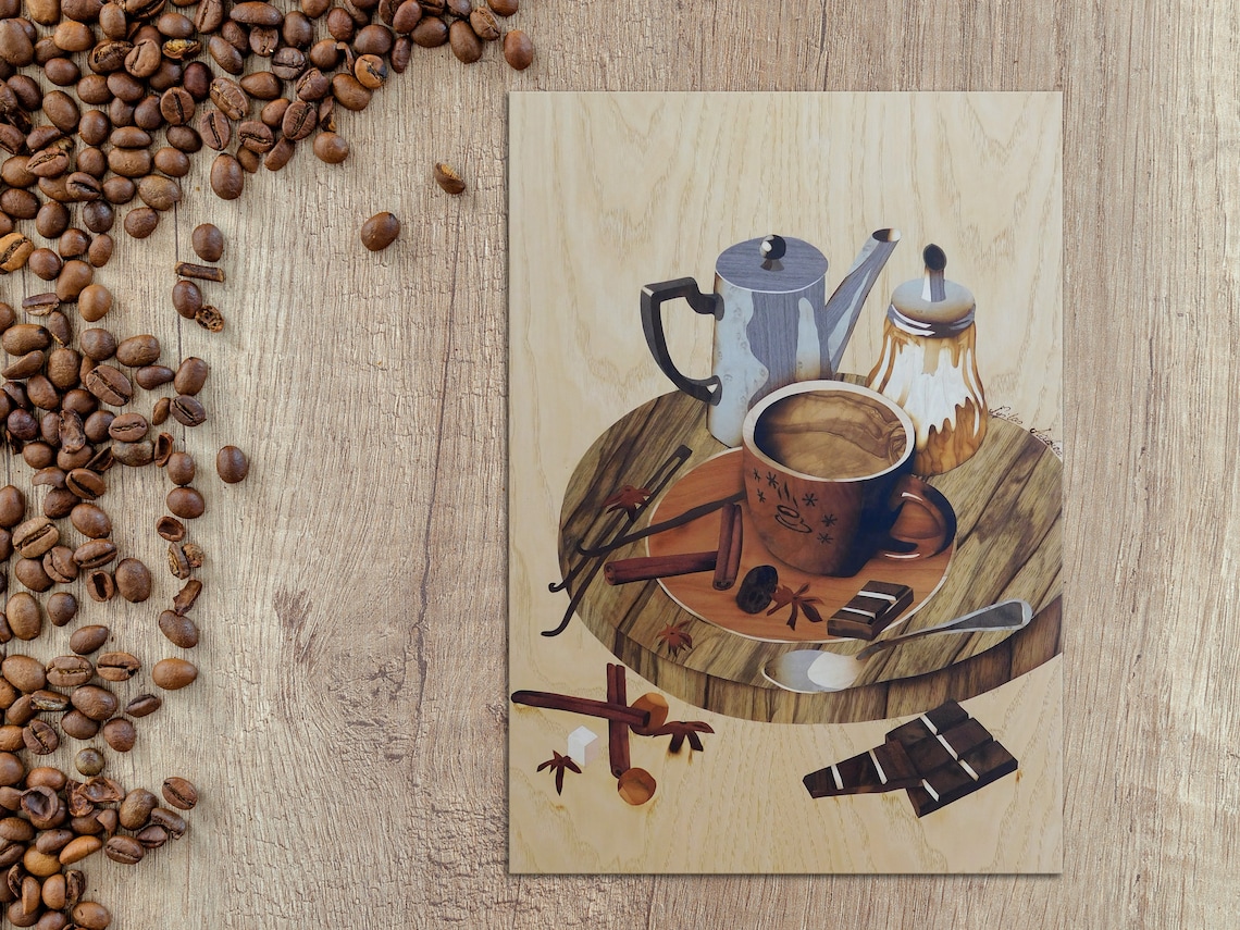 Coffee Still Life Painting From Wood Art Marquetry Wall | Etsy