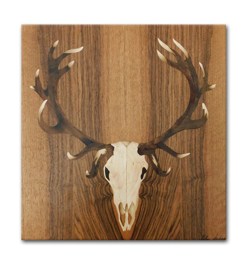 Handmade Deer Skull Marquetry: Wood Inlay Painting, Rustic Wall Art - Etsy