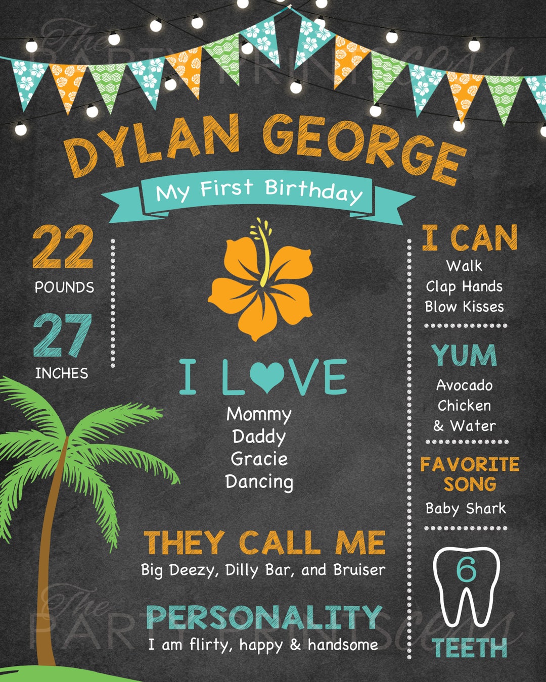 Hawaiian Luau First Birthday Board- Chalkboard, Birthday Stats ...