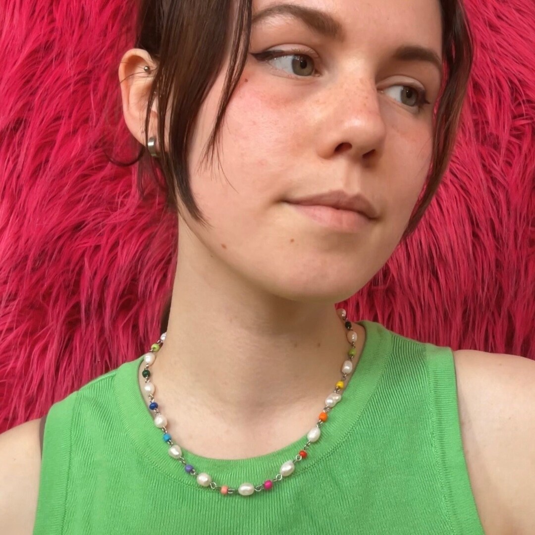 Rainbow Beaded Freshwater Pearl Chain Necklace - 304 Stainless Steel 14 ...