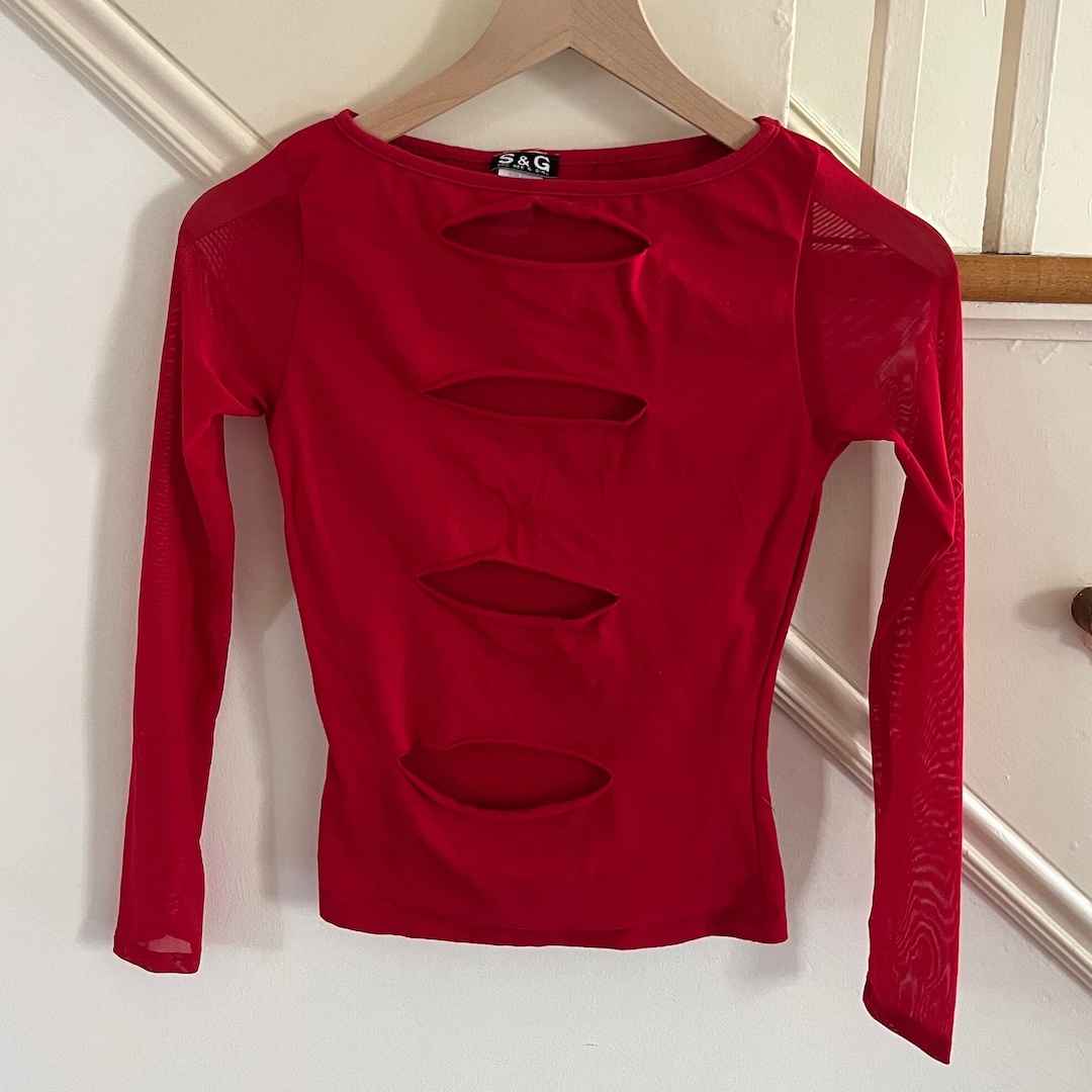 1990s Cherry Red Top Sheer Cutout Detail - Etsy