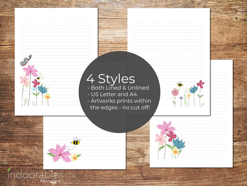 Butterfly Bee Flower Printable Paper / 4 Styles / 8.5x11, A4 / Letter ...