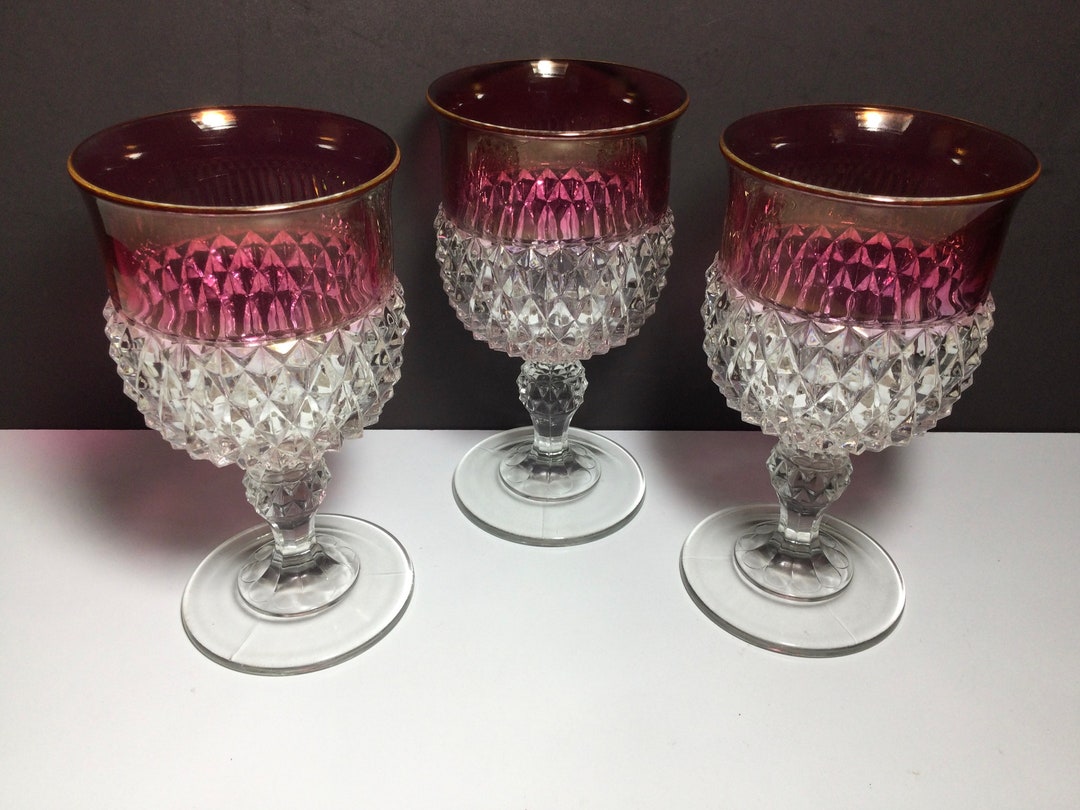 3 Indiana Glass “ Diamond Point Ruby” Water Goblets, Glasses, Vintage ...