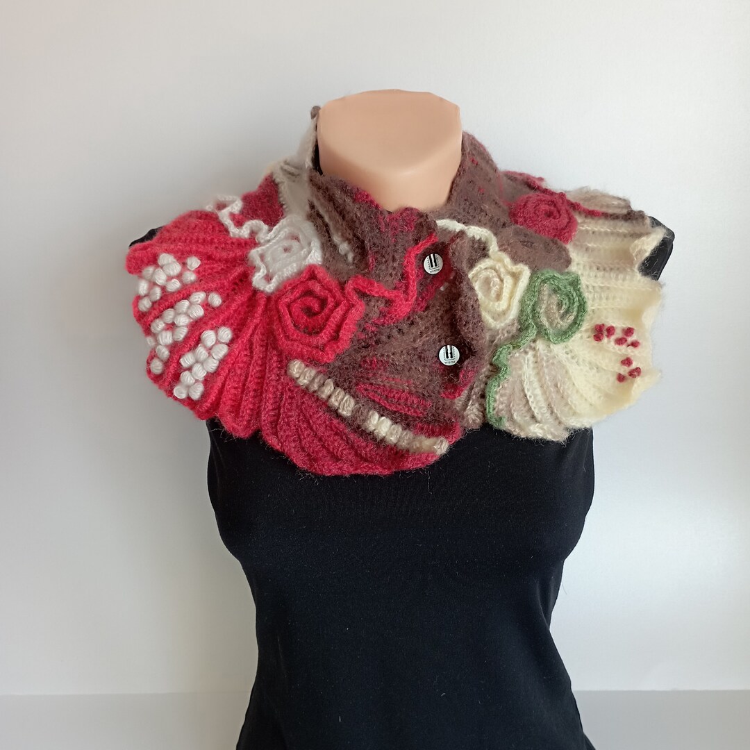 Flower Crochet Scarf, Crochet Scarf Roses, Freeform Crochet Scarf ...