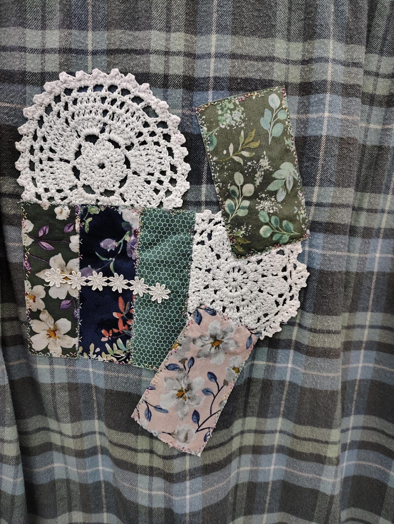 Upcycled Flannel Overshirt: Boho Patchwork, Sustainable Clothing (size ...
