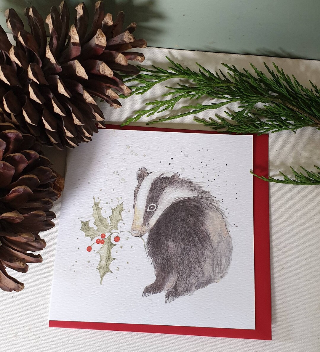 Badger Christmas Card. Card With a Badger. Badger and Holly. Badger ...