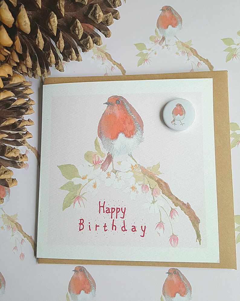Robin Card Robin Card With Button Badge. Cute Robin With Pink | Etsy