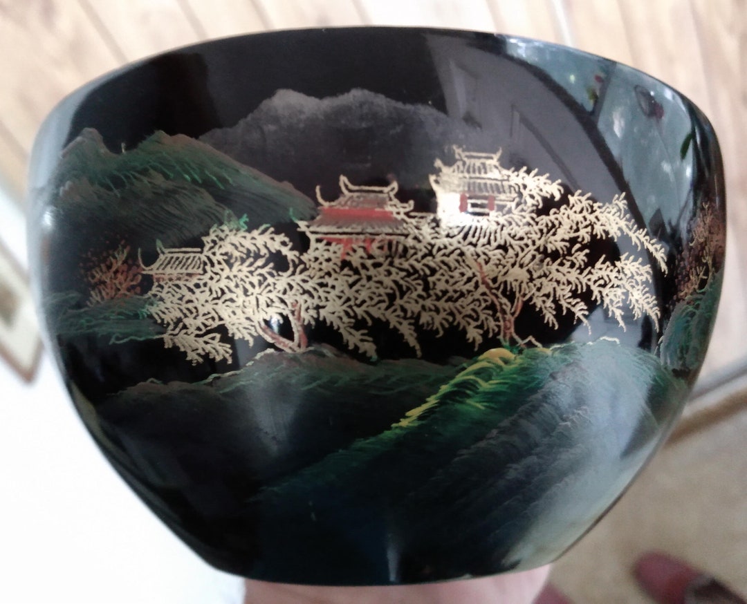 Chinese Lacquerware Bowl Handpainted Mountain Scene & Koi Fish Inside ...