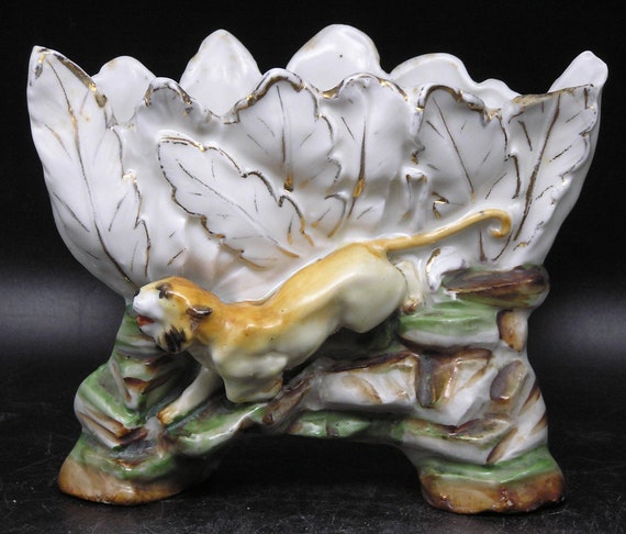 Porcelain Planter w Lion Descending from Rocky Perch Hand | Etsy