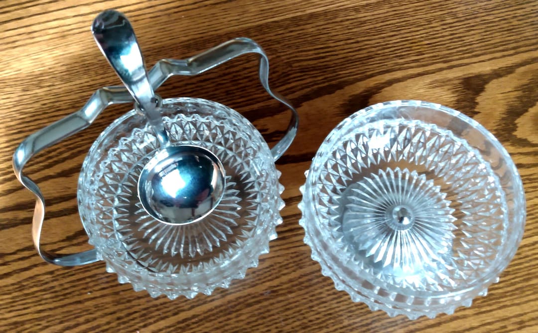 Diamond Point Glass Condiment Dish With Stand/spoon & Matching Bowl W ...