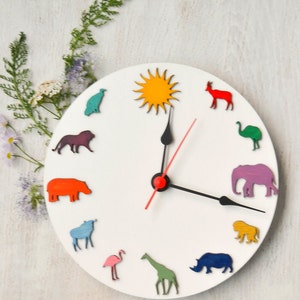 White Safari Clock African Colored Animals Giraffe Lion Hippo | Etsy