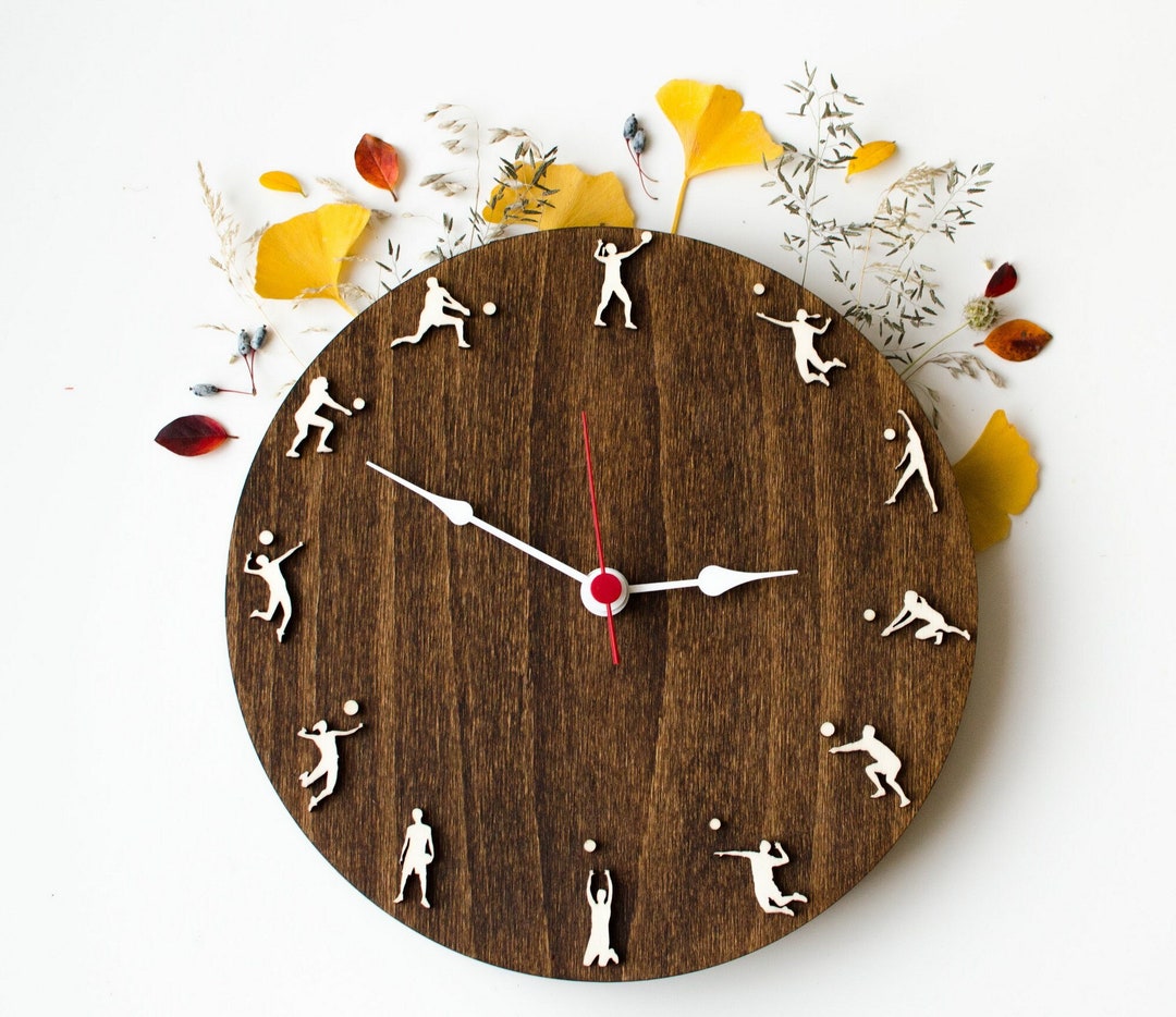 Volleyball Wood Clock, Wall Clock With Volleyball Players in Different ...