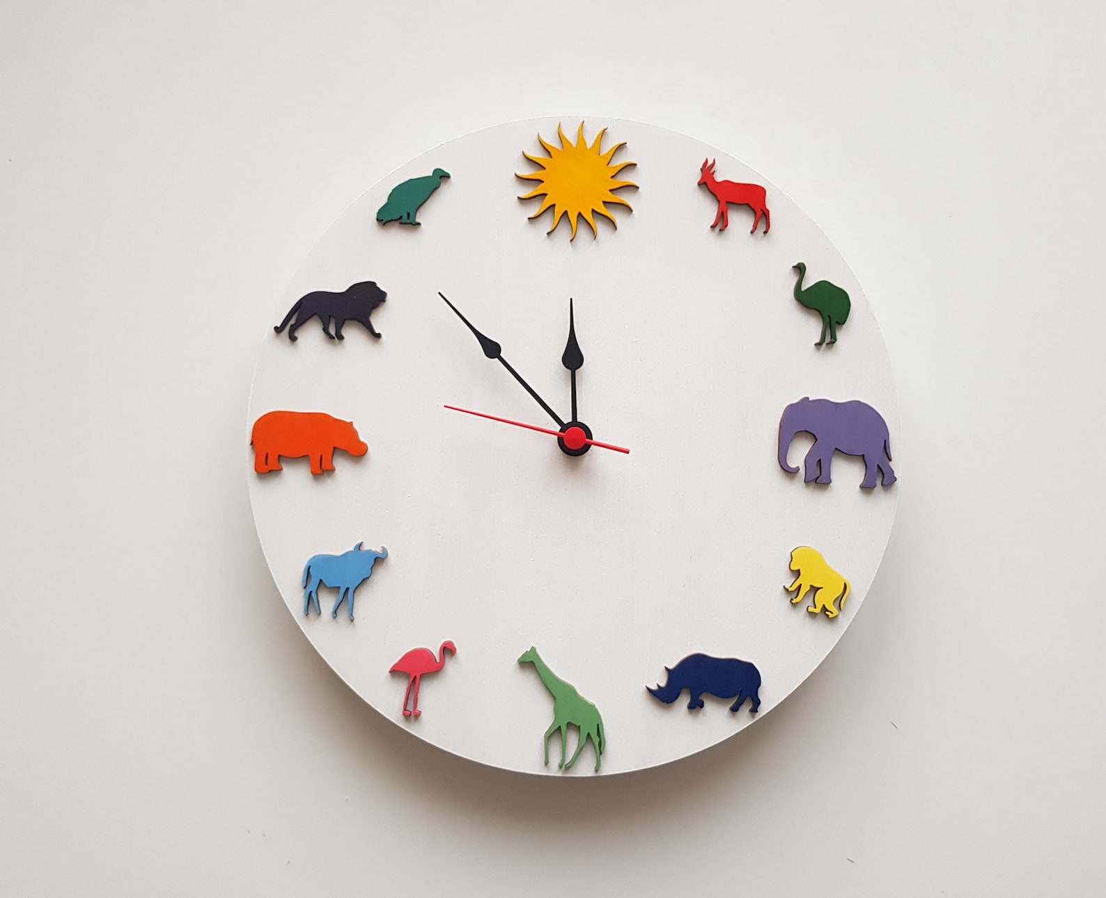 White Safari Clock African Colored Animals Giraffe Lion Hippo | Etsy