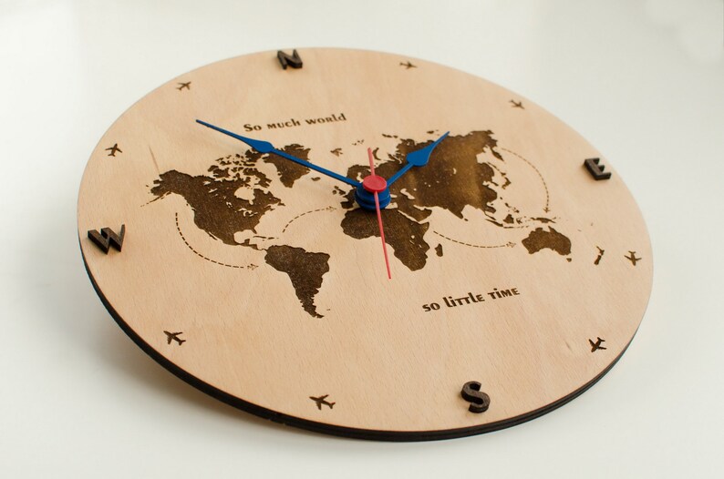World Map Clock Travel Wooden Wall Clock Wanderlast Gift | Etsy