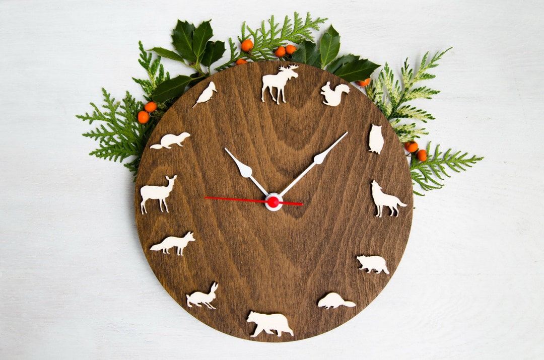 Woodland Wall Clock Forest Animal Bear Elk Fox Hare Owl Clock, Rustic ...