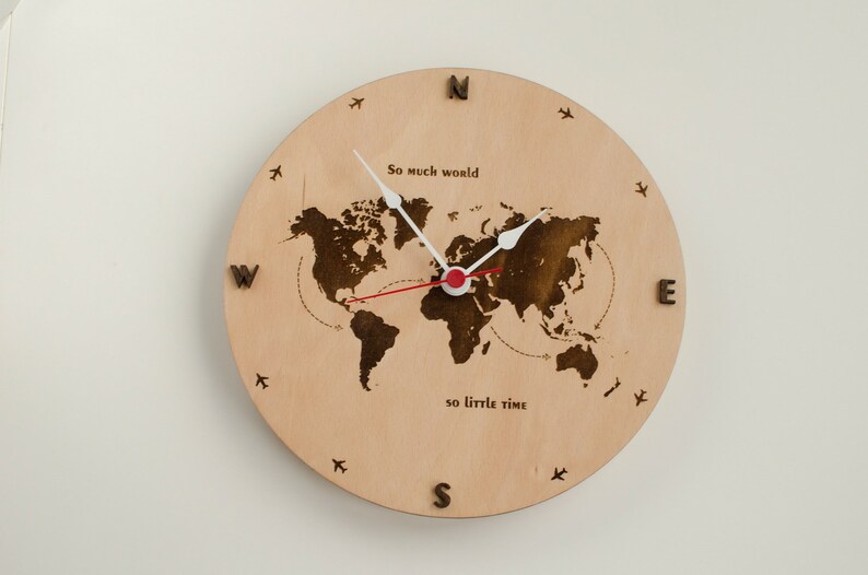 World Map Clock Travel Wooden Wall Clock Wanderlast Gift | Etsy