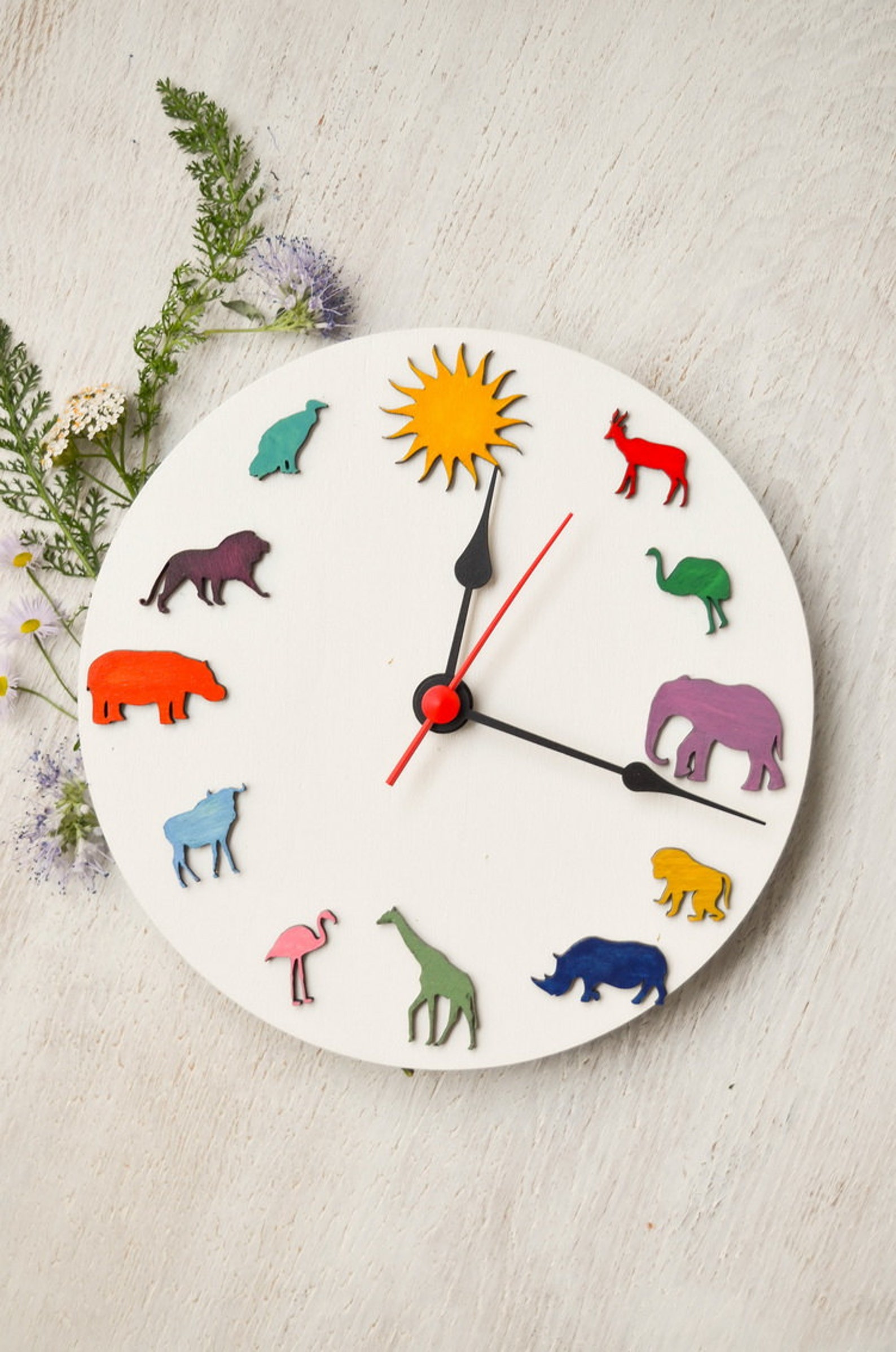 White Safari Clock African Colored Animals Giraffe Lion Hippo | Etsy