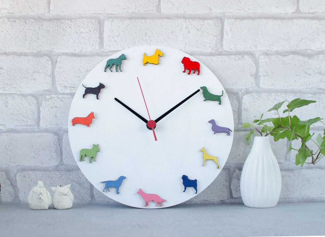 White Clock With Colored Dogs, Wall Hanging Colorful Dogs Clock, Eco ...