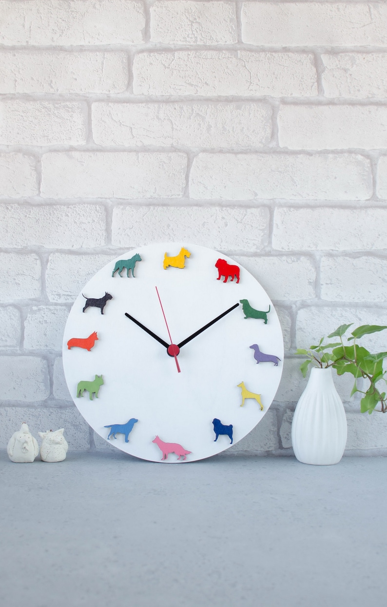 White Clock With Colored Dogs, Wall Hanging Colorful Dogs Clock, Eco ...