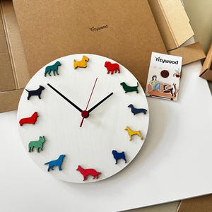 White Clock With Colored Dogs, Wall Hanging Colorful Dogs Clock, Eco ...