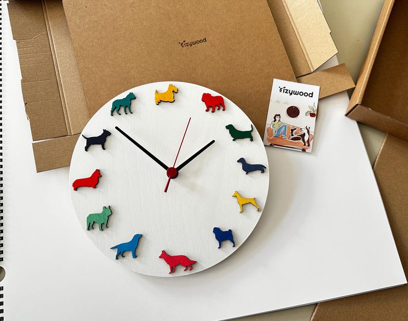 White Clock With Colored Dogs, Wall Hanging Colorful Dogs Clock, Eco ...