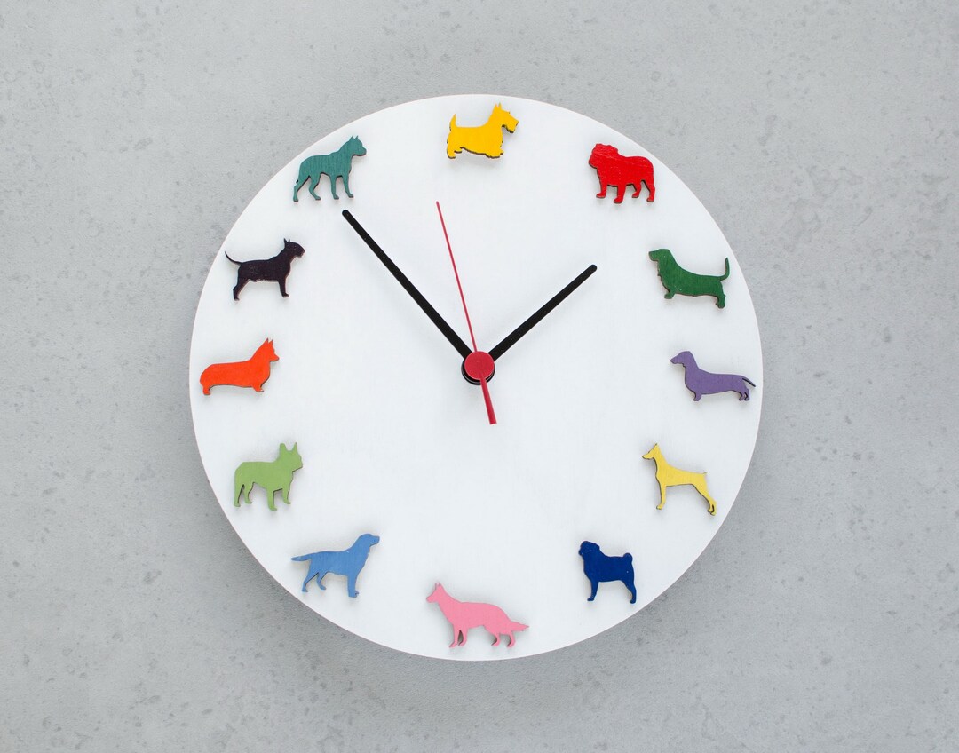 White Clock With Colored Dogs, Wall Hanging Color Clock, Eco Friendly ...