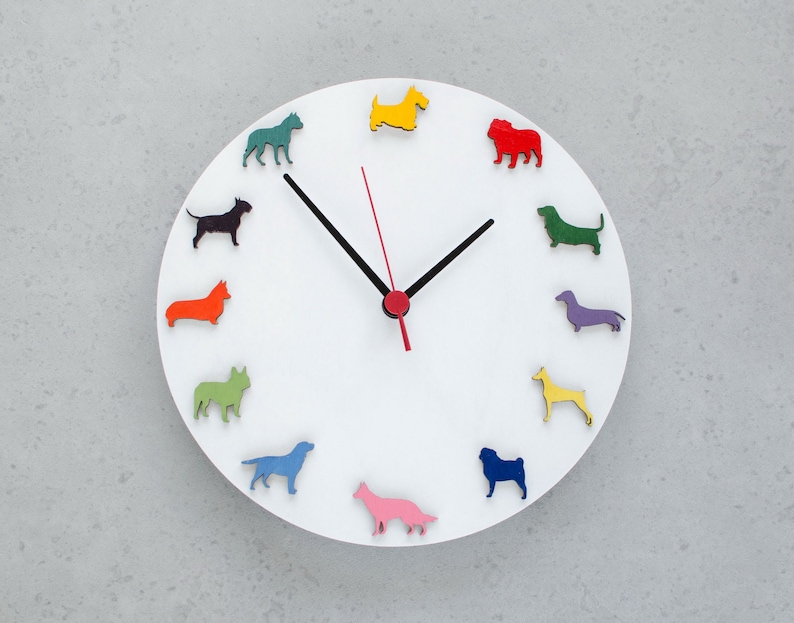 White Clock With Colored Dogs, Wall Hanging Colorful Dogs Clock, Eco ...