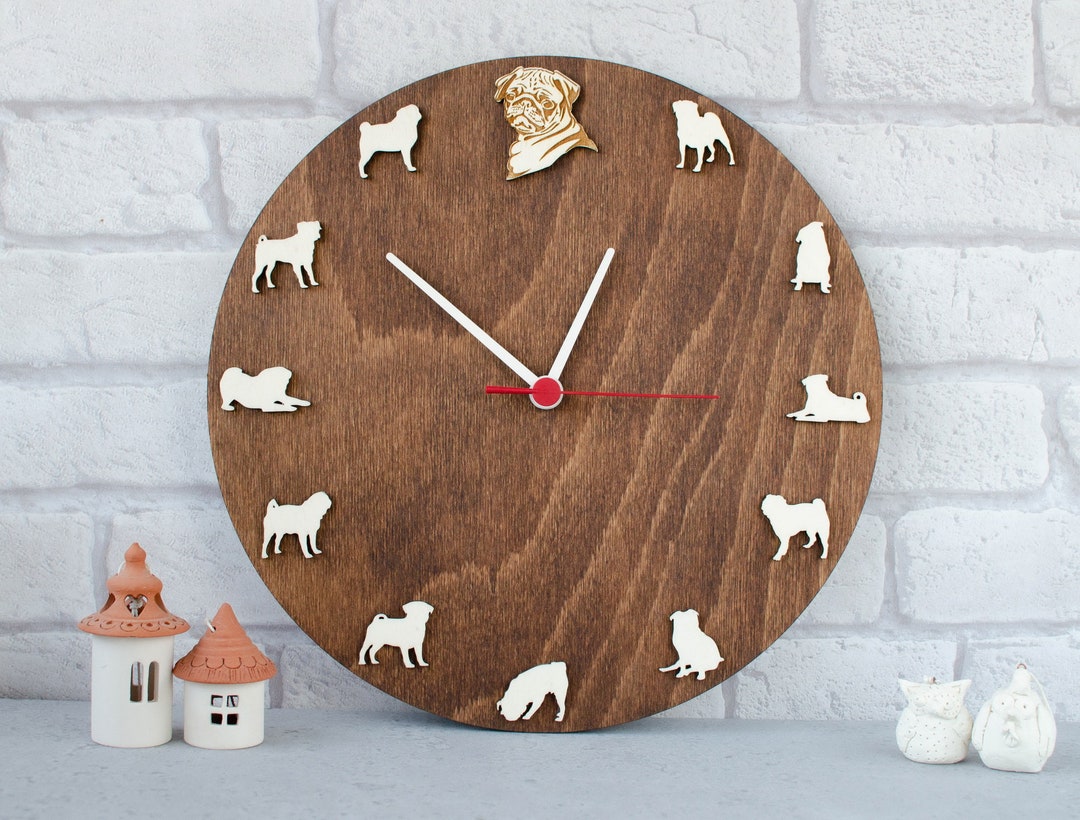 Pug Clock Pug Portrait Wood Clock Animal Wall Clock Gift for Dog Pug ...