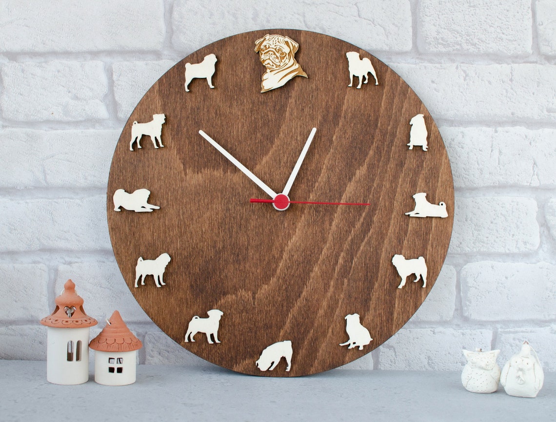 Handmade Pug Clock: Wooden Dog Portrait Wall Decor, Personalized - Etsy