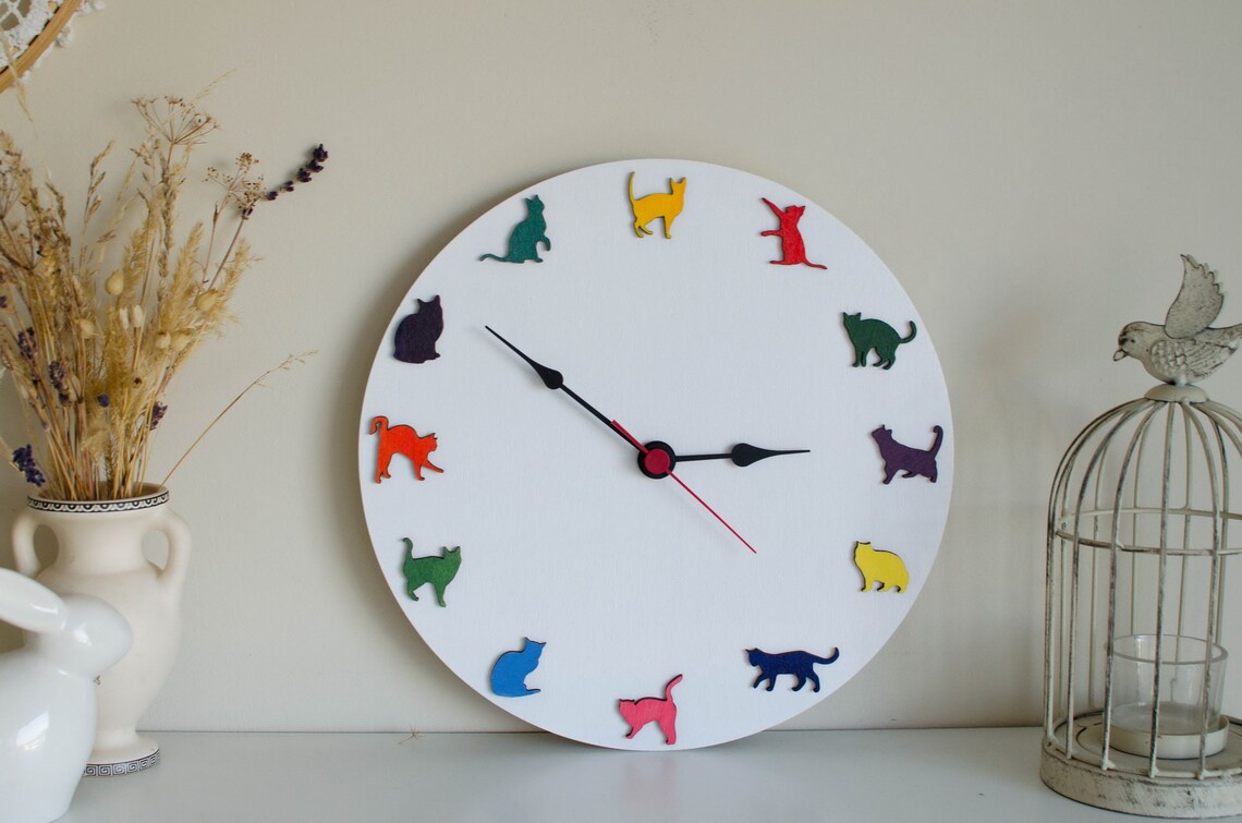 White Cat Clock Clock With Colored Funny Cats Colorful Wall - Etsy