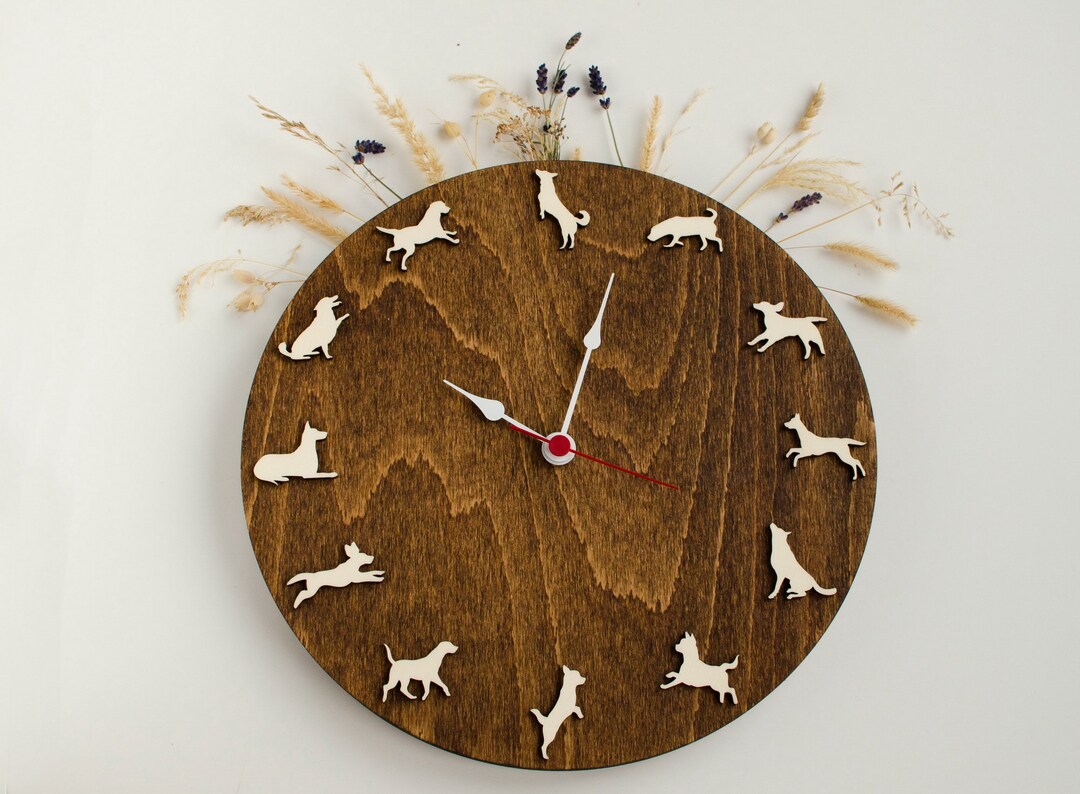 Wood Clock With Different Dog Poses Figures of Dogs of Different Breeds ...